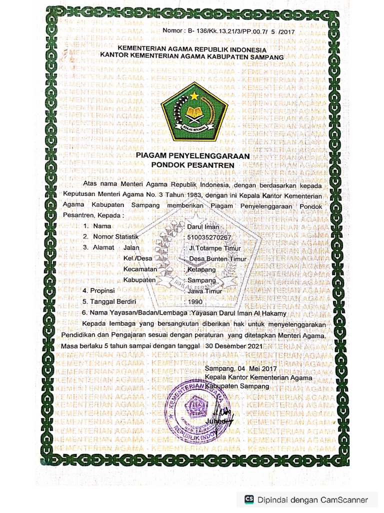 SK Pendirian Pondok Pesantren Darul Iman Al-Hakami | PDF