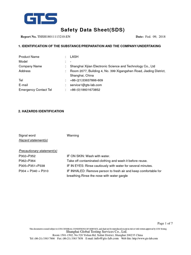 Safety Data Sheet (SDS) : Report No. THSH18011113210-EN Date: Fed. 09 ...