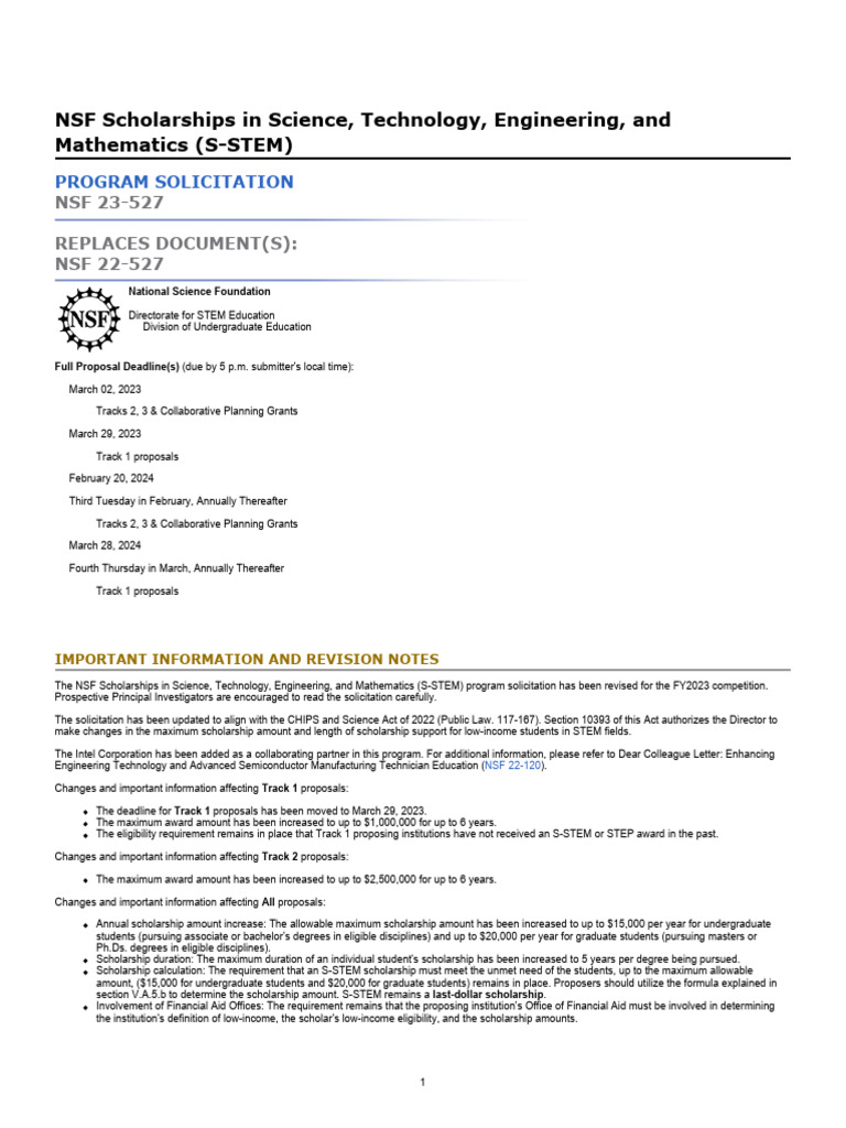 NSF S-STEM Solicitation FY23 | PDF | Science, Technology, Engineering ...