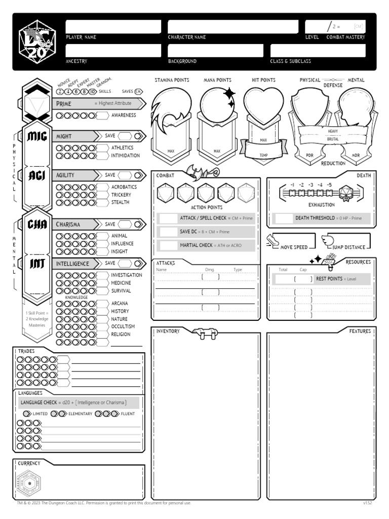 DC20 Alpha 0.5 (Fillable) Character Sheet | PDF | Role Playing Games | Role Playing Video Games