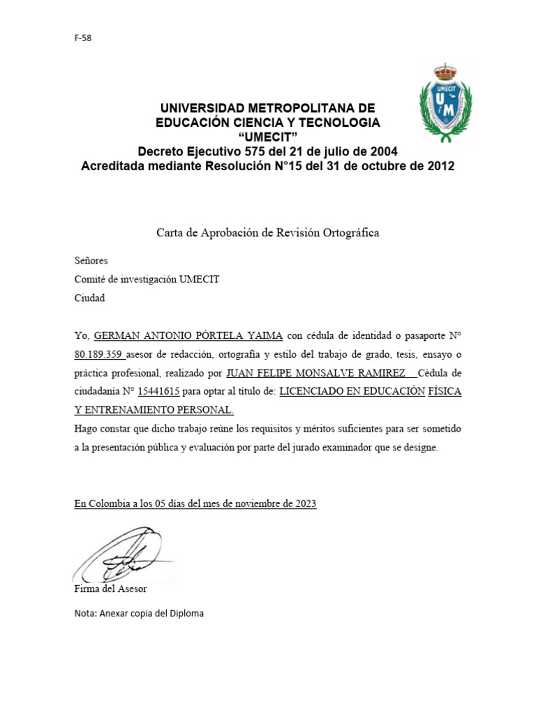 F-58 CARTA APROBACION REVISION ORTOGRAFICA | PDF