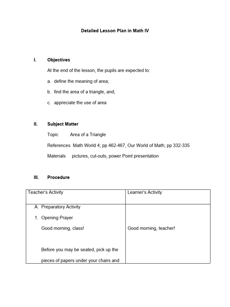 Detailed Lesson Plan in Math 4 | PDF | Area | Elementary Mathematics