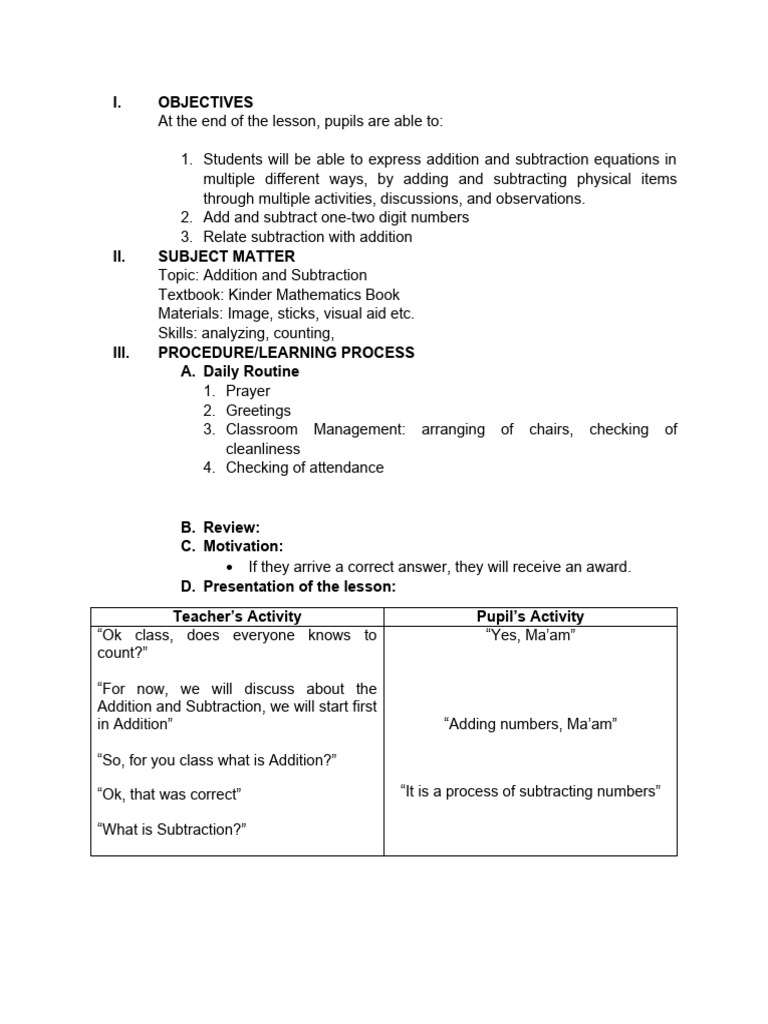 1ST SNED Lesson Plan Math | PDF | Subtraction | Learning