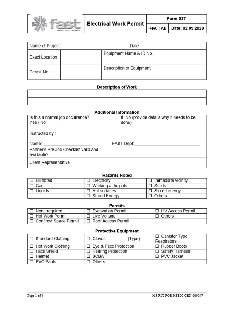 Form-037-Electrical Work Permit | PDF | Personal Protective Equipment ...