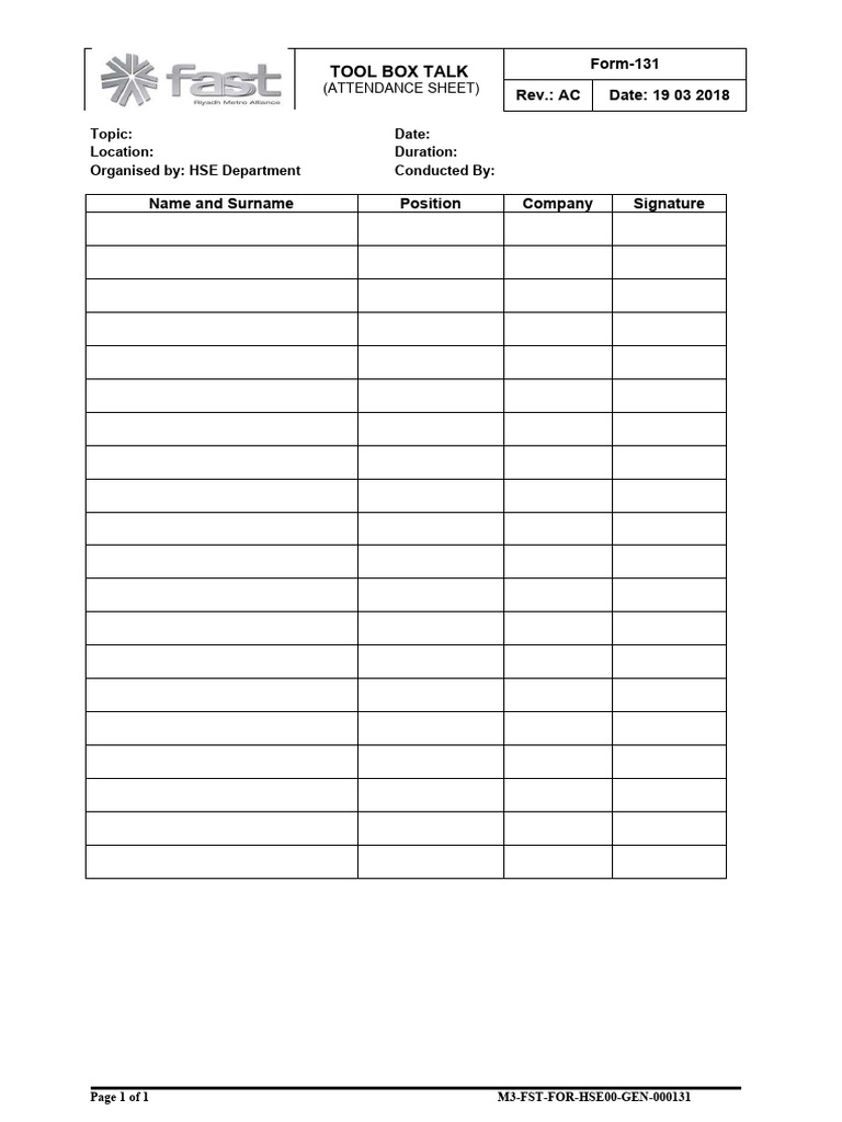 Form-131-Tool Box Talk Attendance Sheet | PDF
