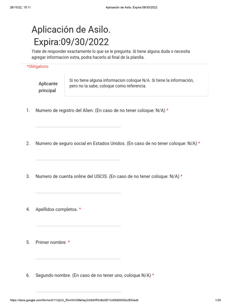 Planilla aplicacion de Asilo - Formularios de Google | PDF