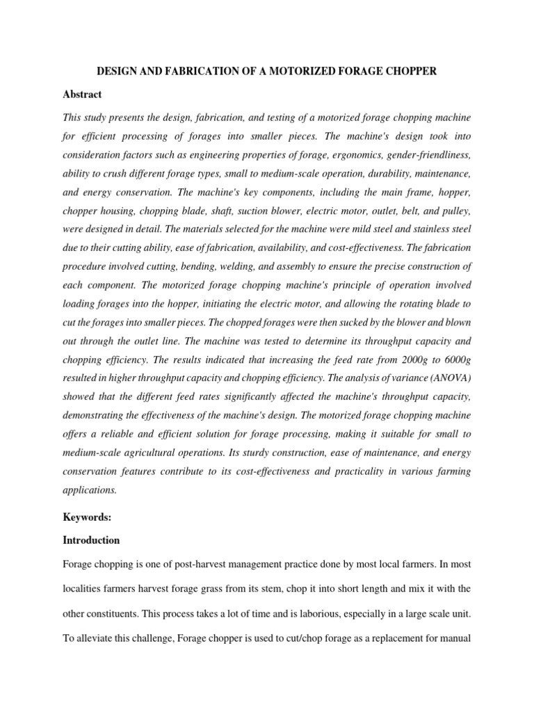 DESIGN AND FABRICATION OF A MOTORIZED FORAGE CHOPPER Paper | Download ...