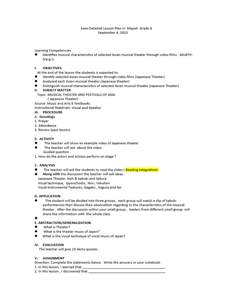 Semi Detailed Lesson Plan in Mapeh Grade 8 | PDF
