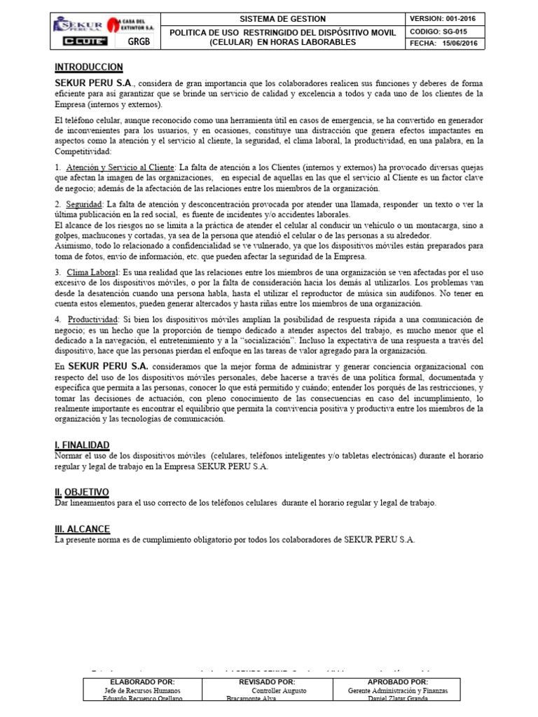 Politica Uso Restringido de Dispositivos Moviles (Celular) | PDF ...