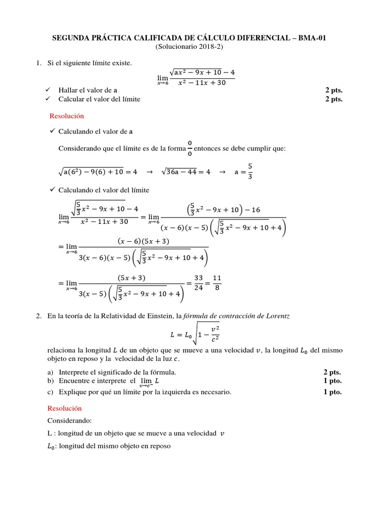 Segunda Práctica Calificada de Cálculo Diferencial - Bma-01: Resolución | PDF | Asíntota | Velocidad