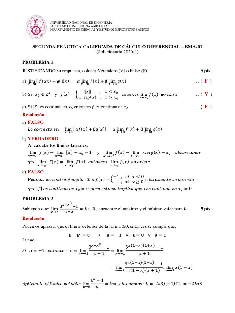 Segunda Práctica Calificada de Cálculo Diferencial - Bma-01: Resolución Falso | Descargar gratis ...