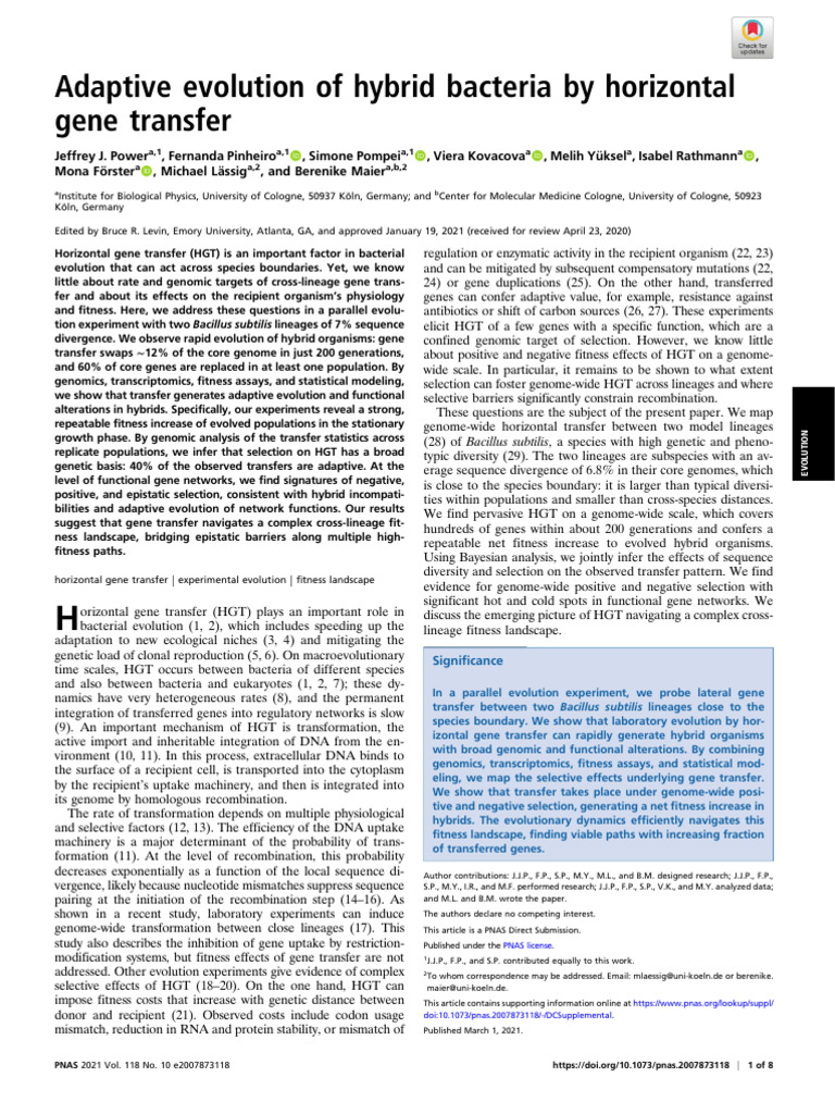Adaptive Evolution of Hybrid Bacteria by Horizontal Gene Transfer | PDF ...