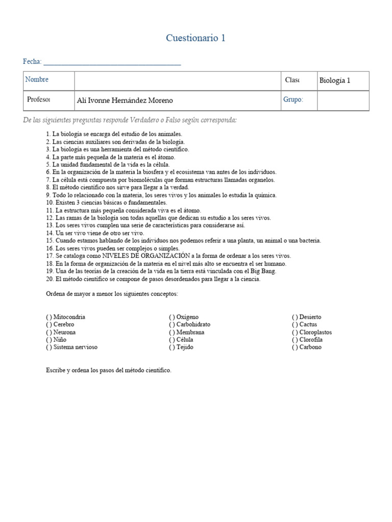 Cuestionario 1 Biologia | PDF | Biología | Organismos
