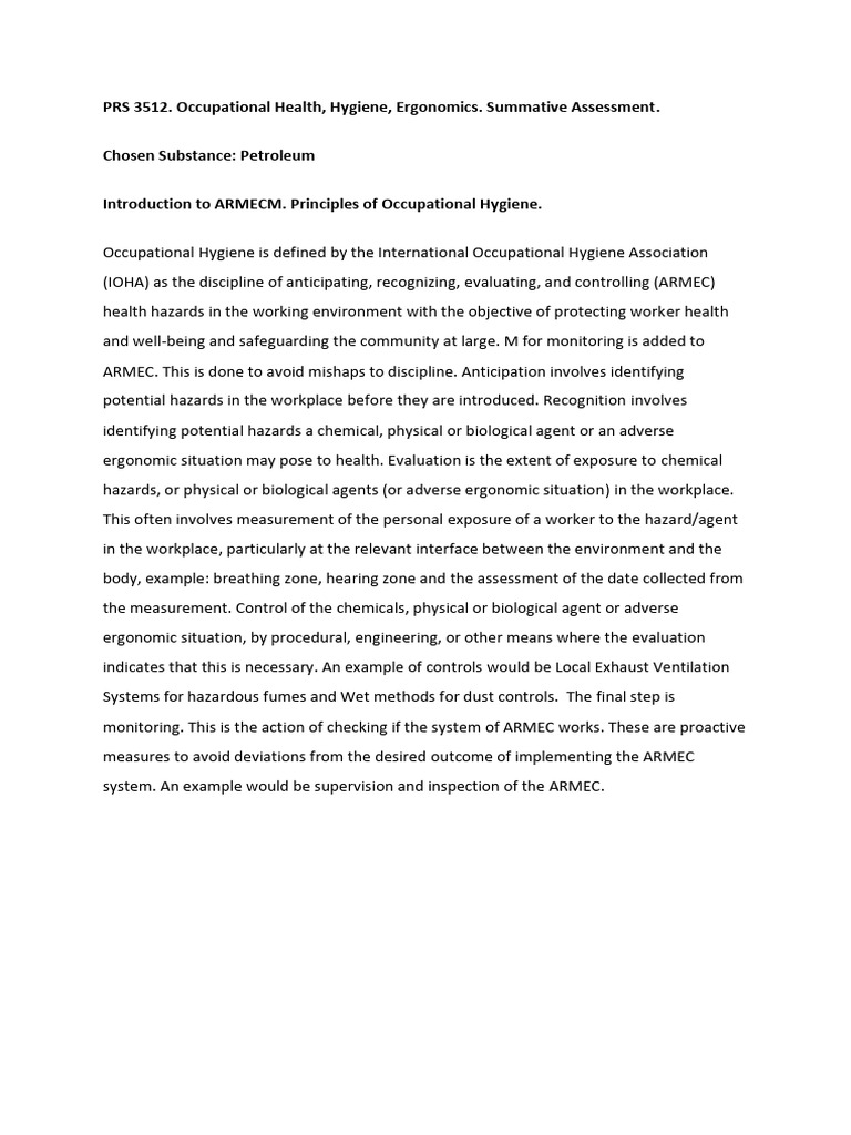 Occupational Hygiene Summative Assessment | PDF | Occupational Hygiene ...