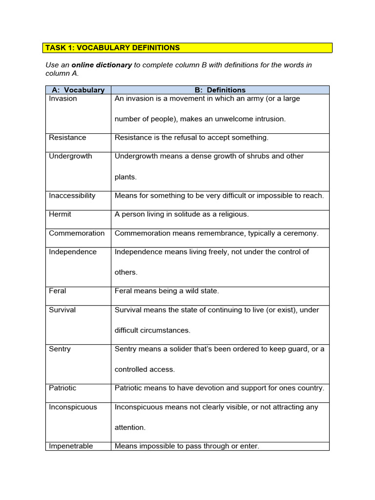 Vocabulary Definitions and Sentences | PDF