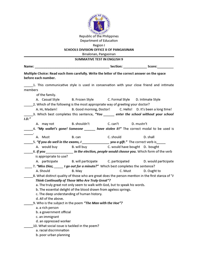 Summative Test Grade 9 | PDF | Romeo And Juliet