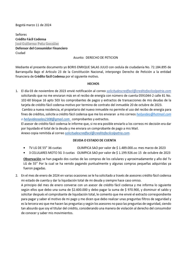 Carta PQR Credito Codensa | PDF | Tarjeta de crédito | Crédito