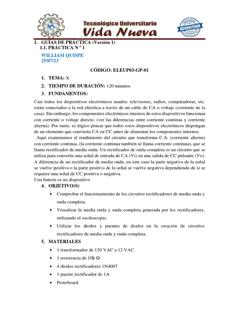 Guía 1 E.G | PDF | Rectificador | Corriente eléctrica