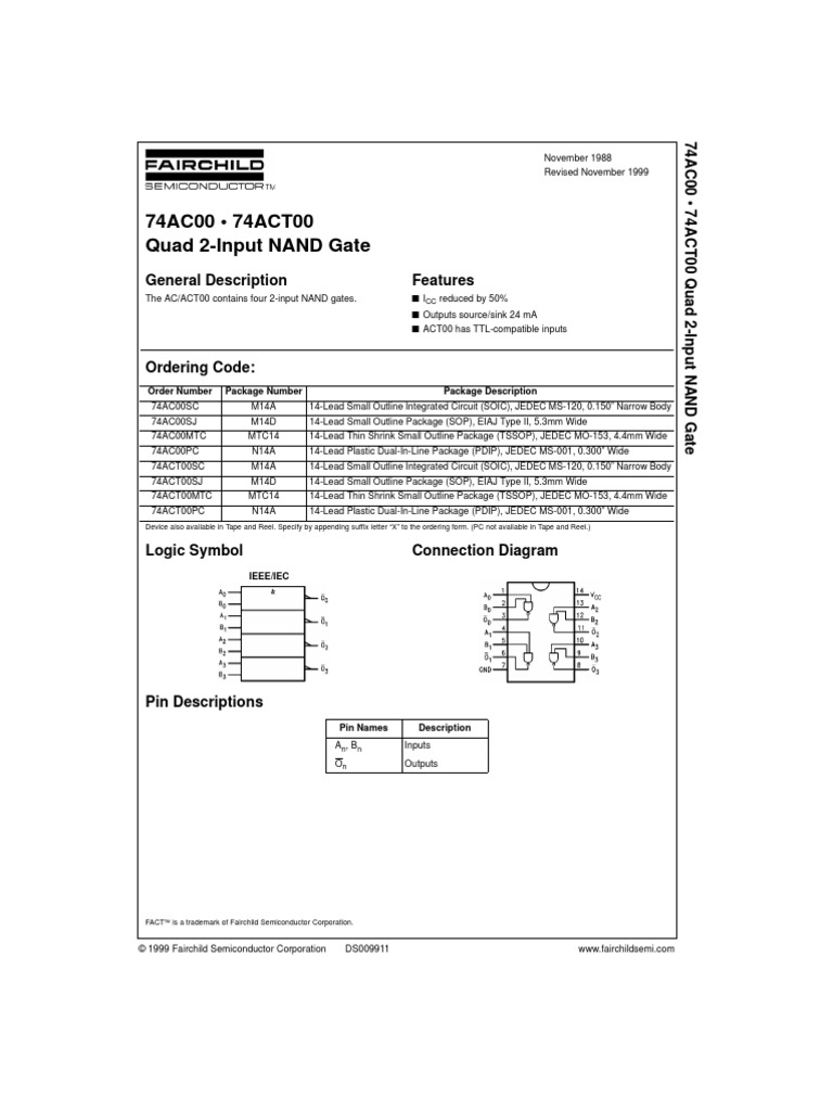74AC00 - 74ACT00 Quad 2-Input NAND Gate: General Description Features | PDF