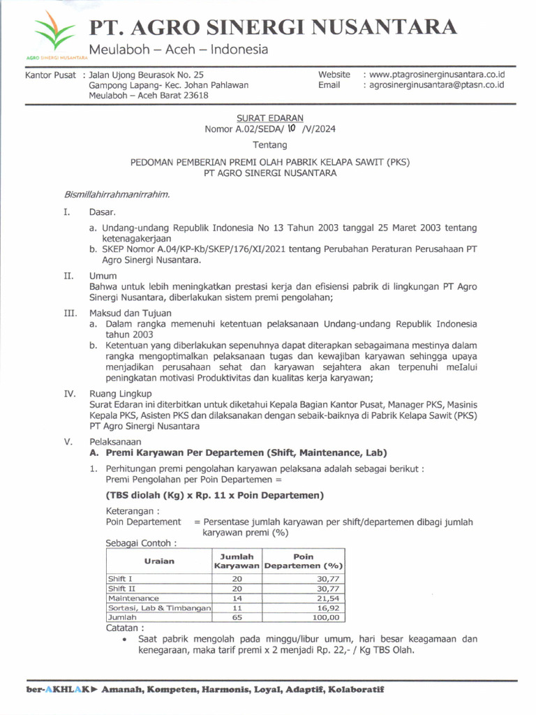 SEDA. 10 , Pedoman Pemberian Premi Olah Pabrik Kelap Sawit (PKS) PT ASN ...