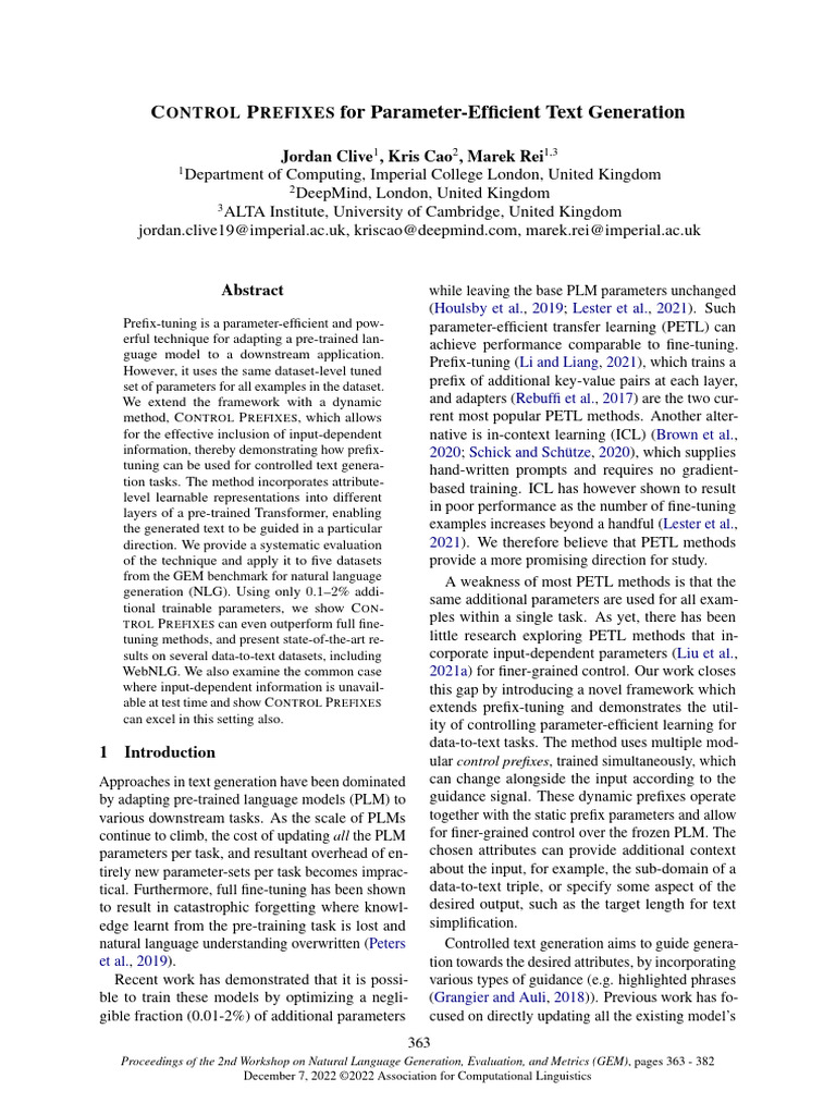 Control Prefixes For Parameter-Efficient Text Generation | PDF | Information | Computational ...