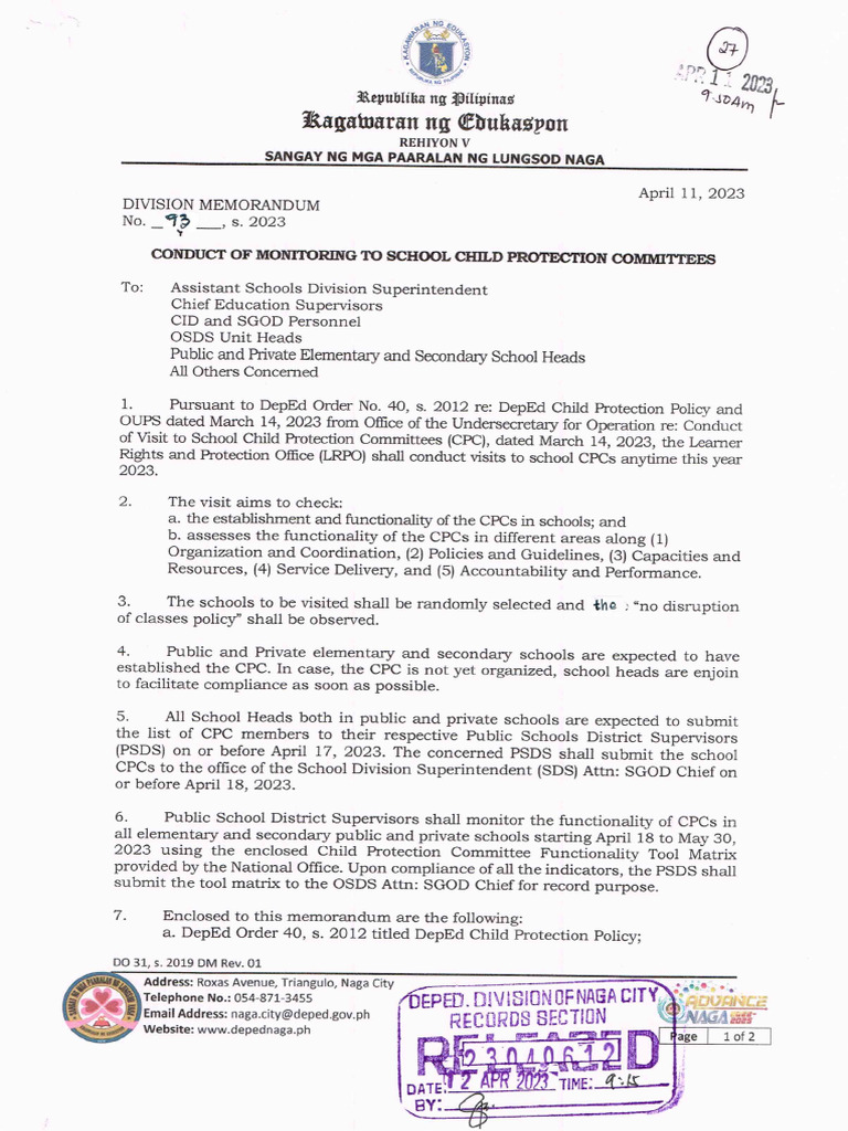 DM No. 93, S. 2023 Conduct of Monitoring To School Child Protection ...