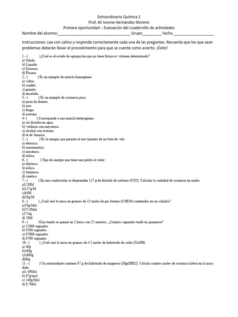 Extra - 1 Cuestionario Quimica 2 | PDF | Gases | Mole (Unidad)