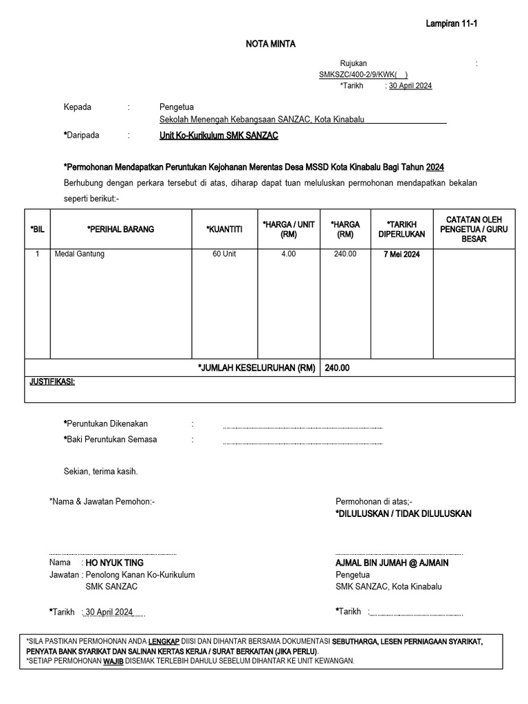 Nota Minta Medal Gantung | PDF