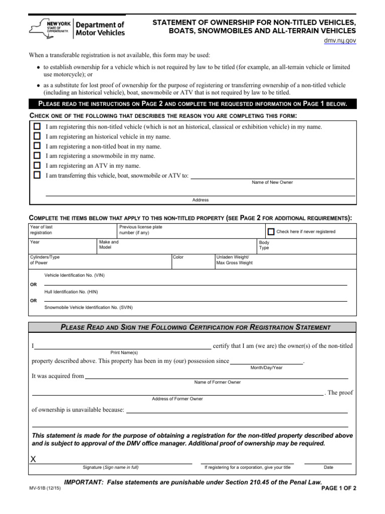 Statement of Ownership for Non-Titled Vehicles | PDF | Vehicles | Land ...