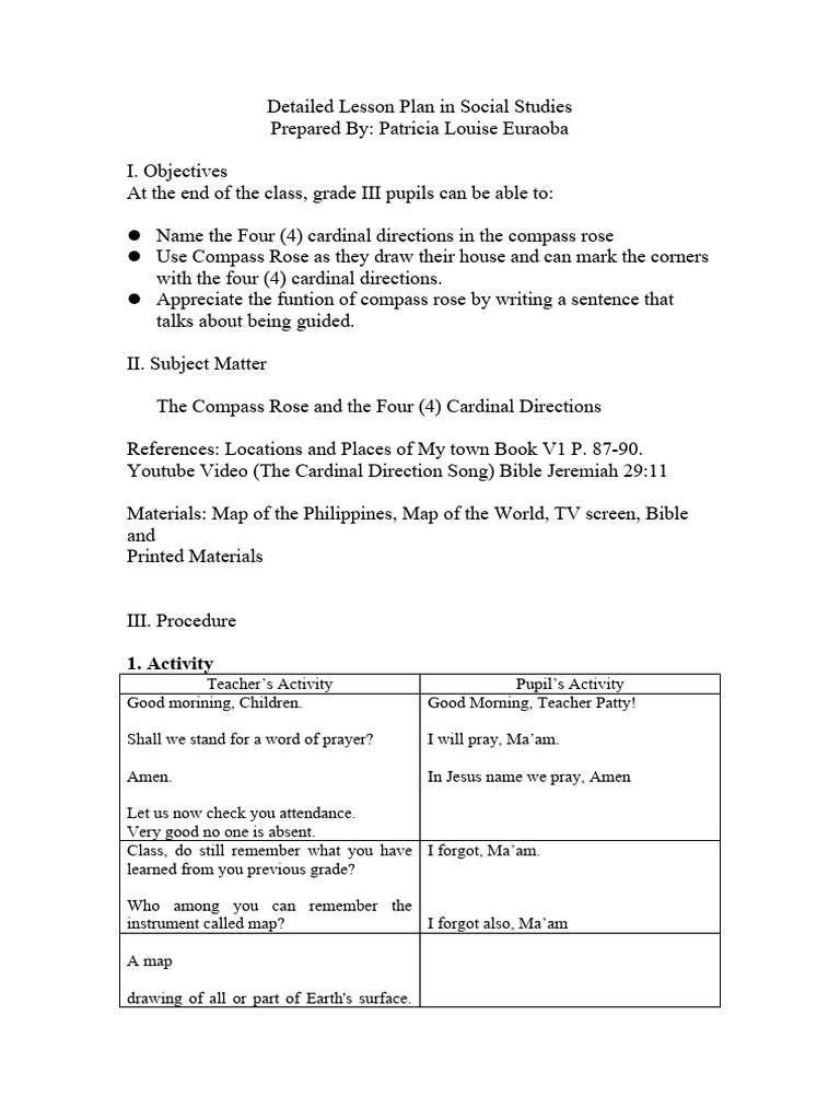 Lesson Plan: Cardinal Directions & Compass Rose | PDF | Lesson Plan ...