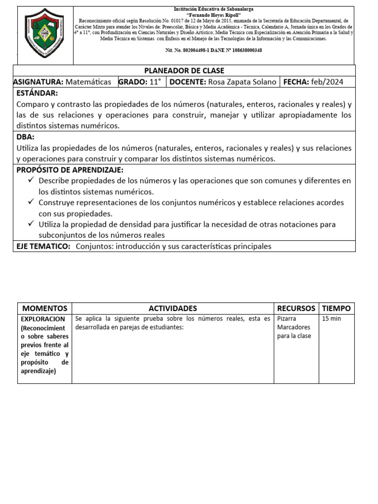 PLANEACION DE CLASE 11° Matematicas (3. Conjuntos) | PDF | Educación de la primera infancia ...