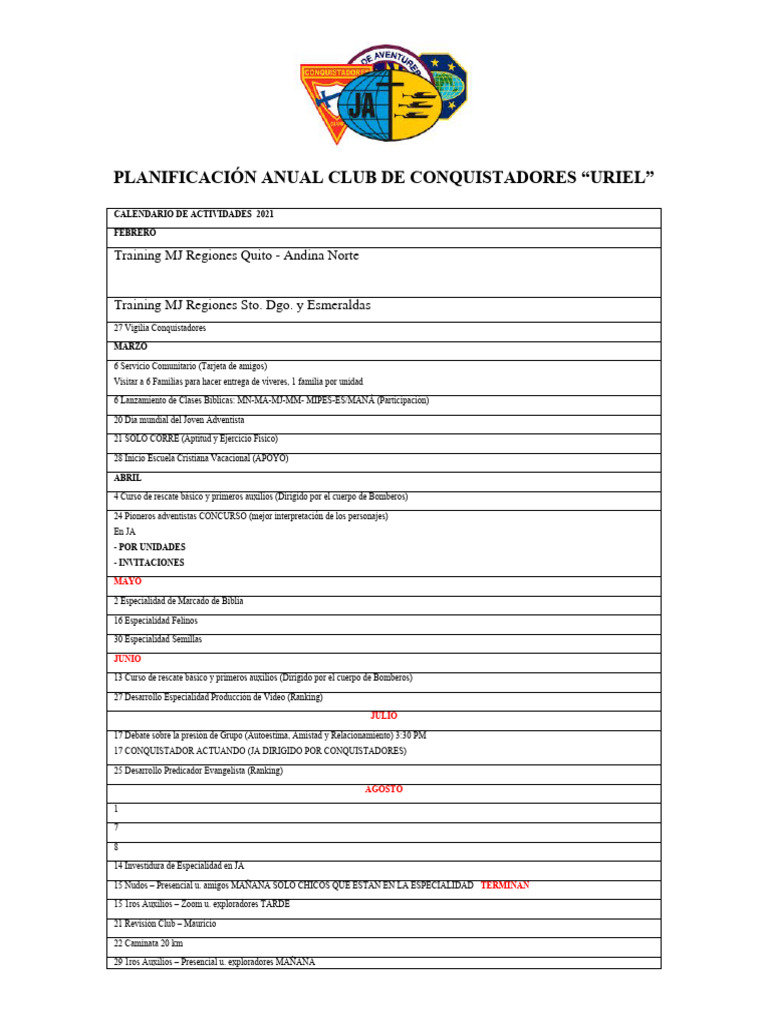 Planificación Conquistadores K'fir | PDF