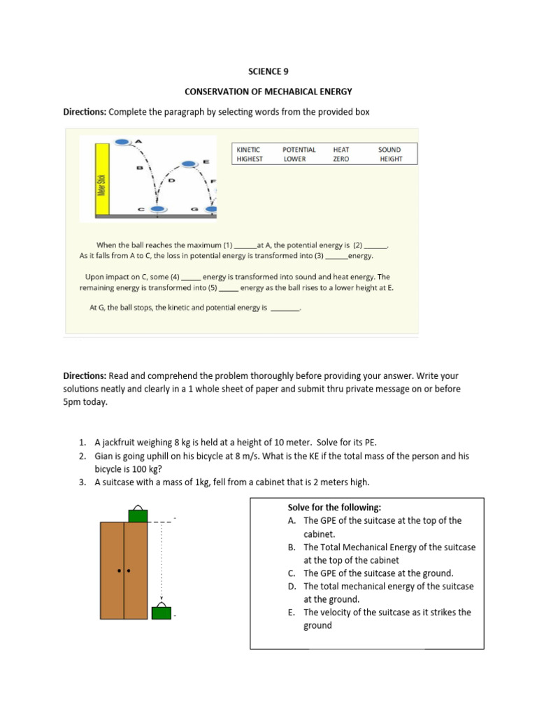 Conservation of Mechanical Energy Worksheet | PDF