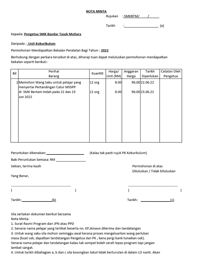 Contoh Nota Minta Wang Saku | PDF