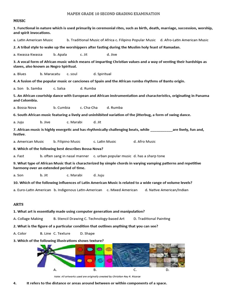 Mapeh Grade 10 Second Grading Examination | PDF | Physical Fitness