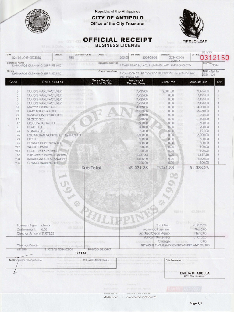 Antipolo Business License Receipt | PDF | Business