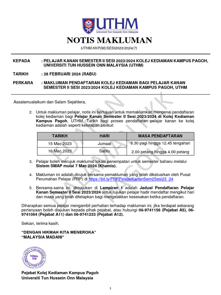 NOTIS MAKLUMAN PENDAFTARAN PELAJAR KANAN SEM 2 SESI 23_24 KOLEJ KEDIAMAN KAMPUS PAGOH UTHM | PDF