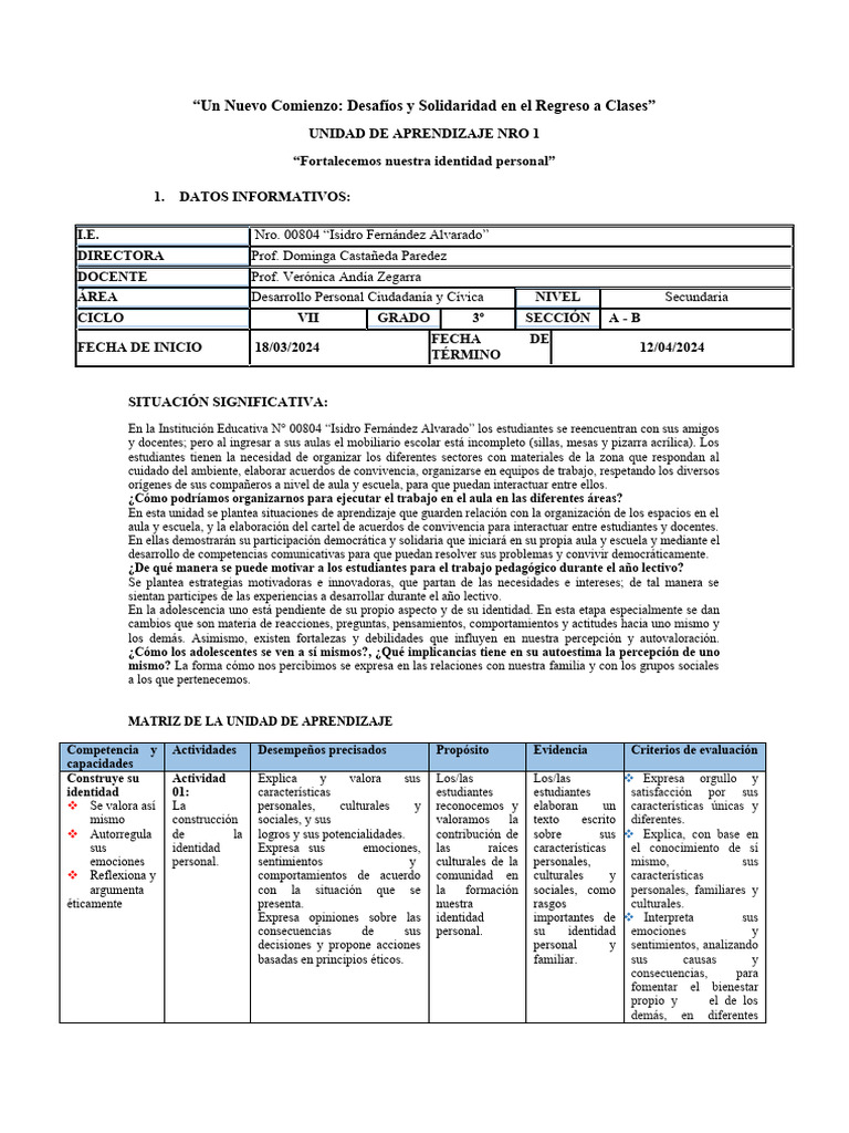 Unidad de Aprendizaje Nro 1 - 3ro DPCC | PDF | Las emociones | Aprendizaje