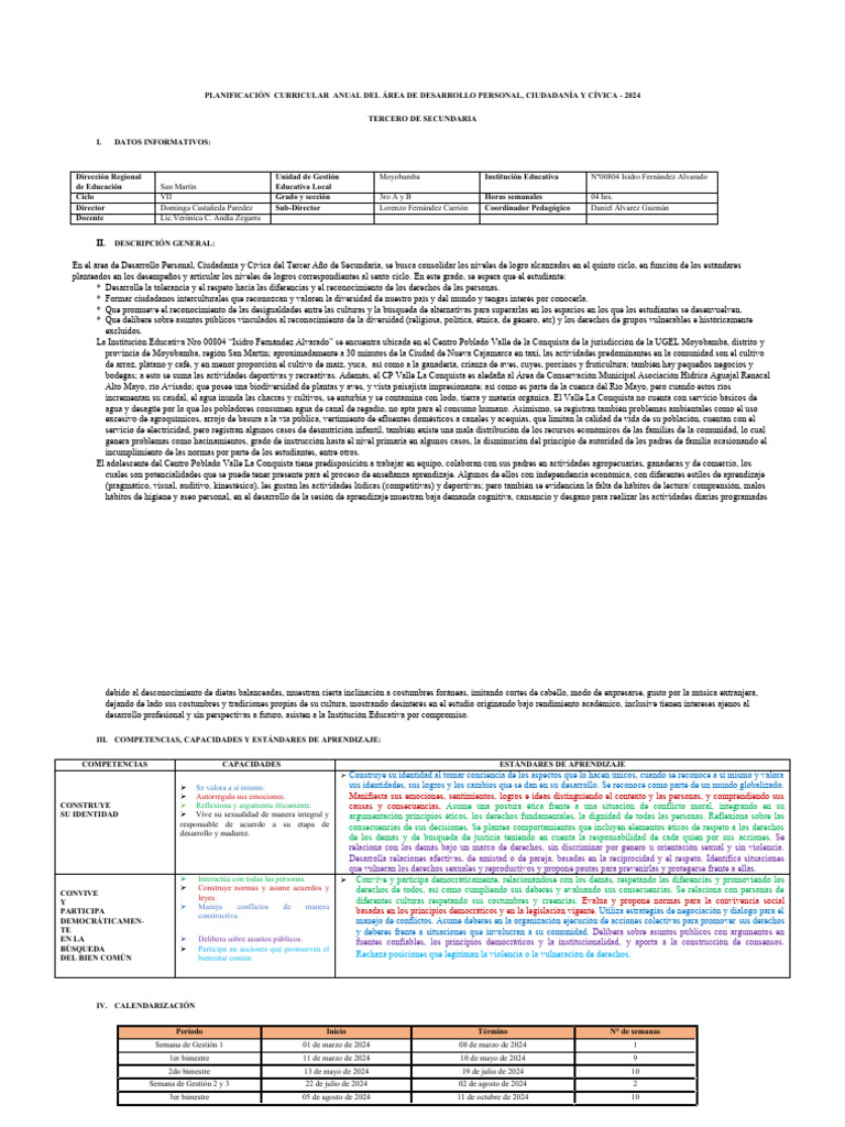 PLANIFICACIÓN CURRICULAR ANUAL DPCC - 3ro | PDF | Aprendizaje | Evaluación