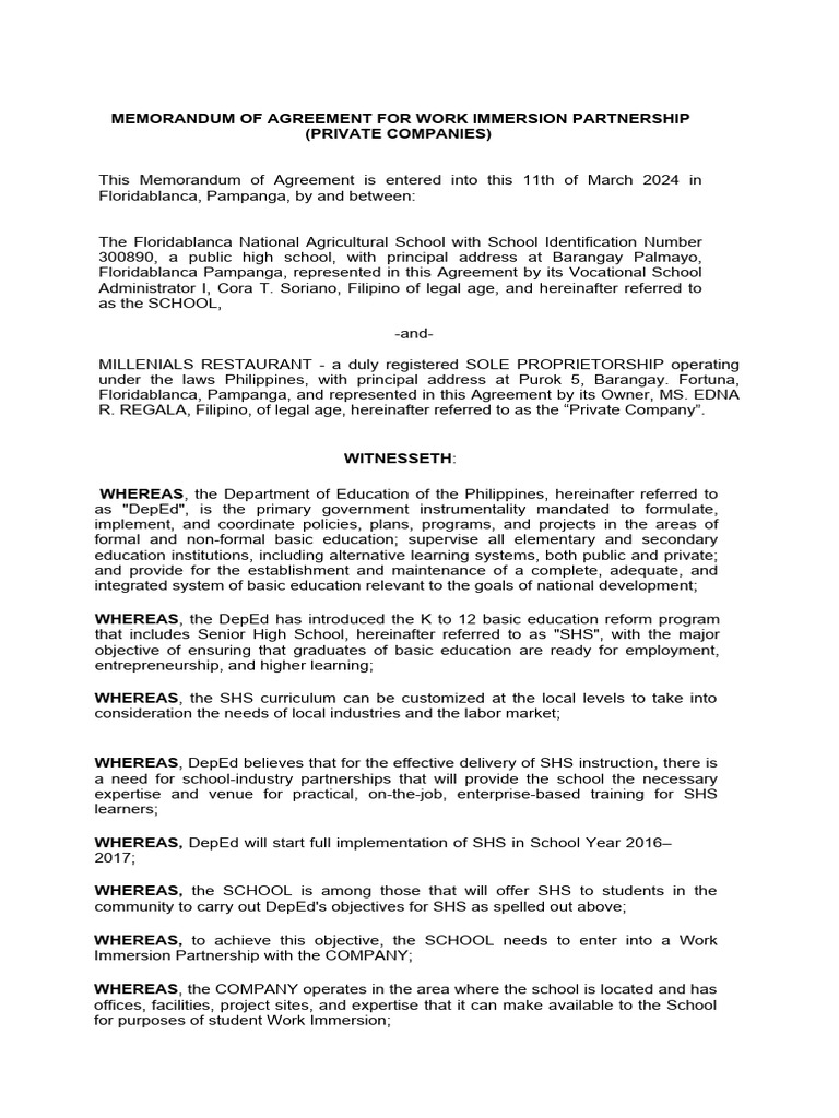 MEMORANDUM OF AGREEMENT FOR WORK IMMERSION PARTNERSHIP-Food Processing ...