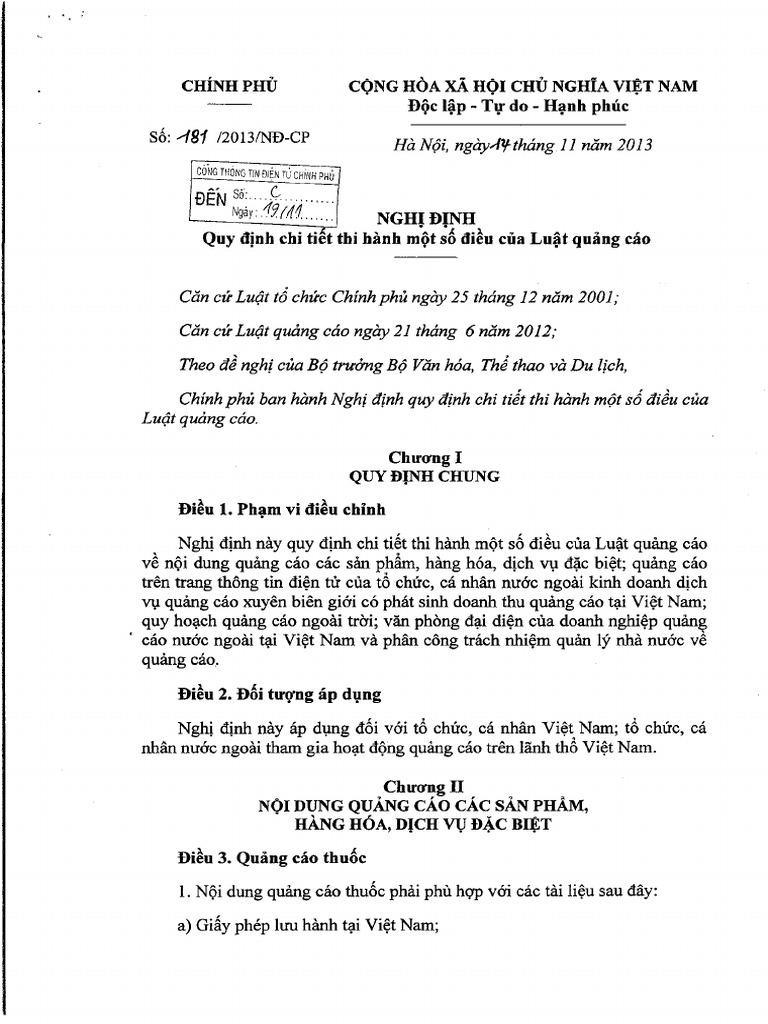 181-2013-ND-CP - Quy Dinh Chi Tiet Thi Hanh Mot So Dieu Cua Luat Quang Cao | PDF