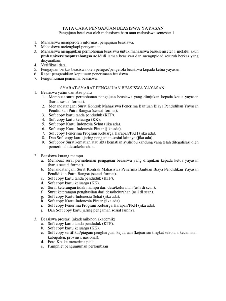 Tata Cara Pengajuan Beasiswa Yayasan Untuk Maba 1 | PDF