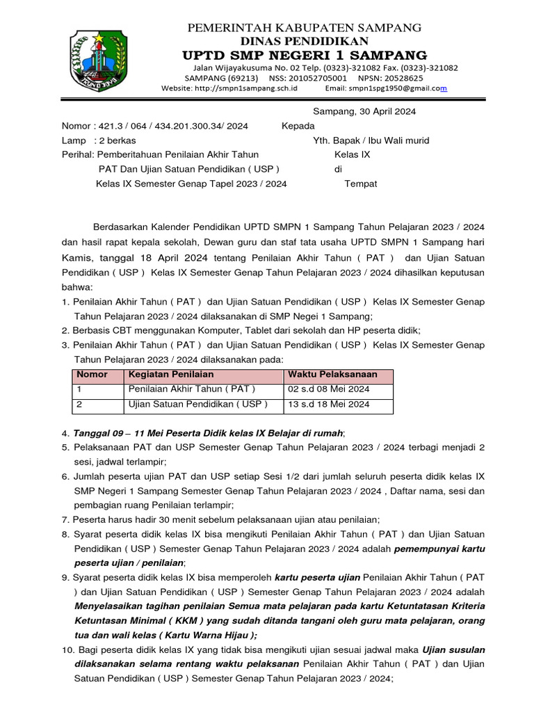 Edaran Pat Dan Usp KLS 9 - 2024 | PDF