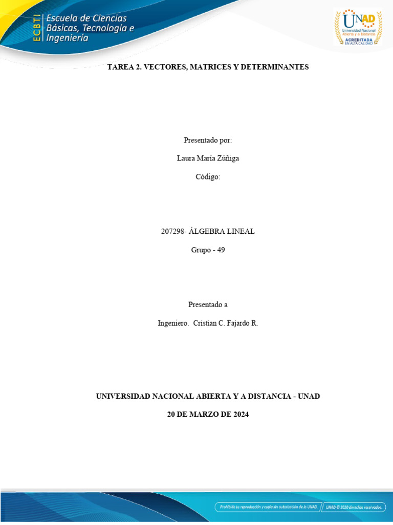 Tarea 2 - Laura Zuñiga | PDF | Determinante | Matriz (Matemáticas)