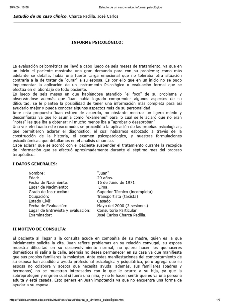 Estudio de Un Caso Clínico - Informe - Psicológico | PDF | Sicología | Inteligencia