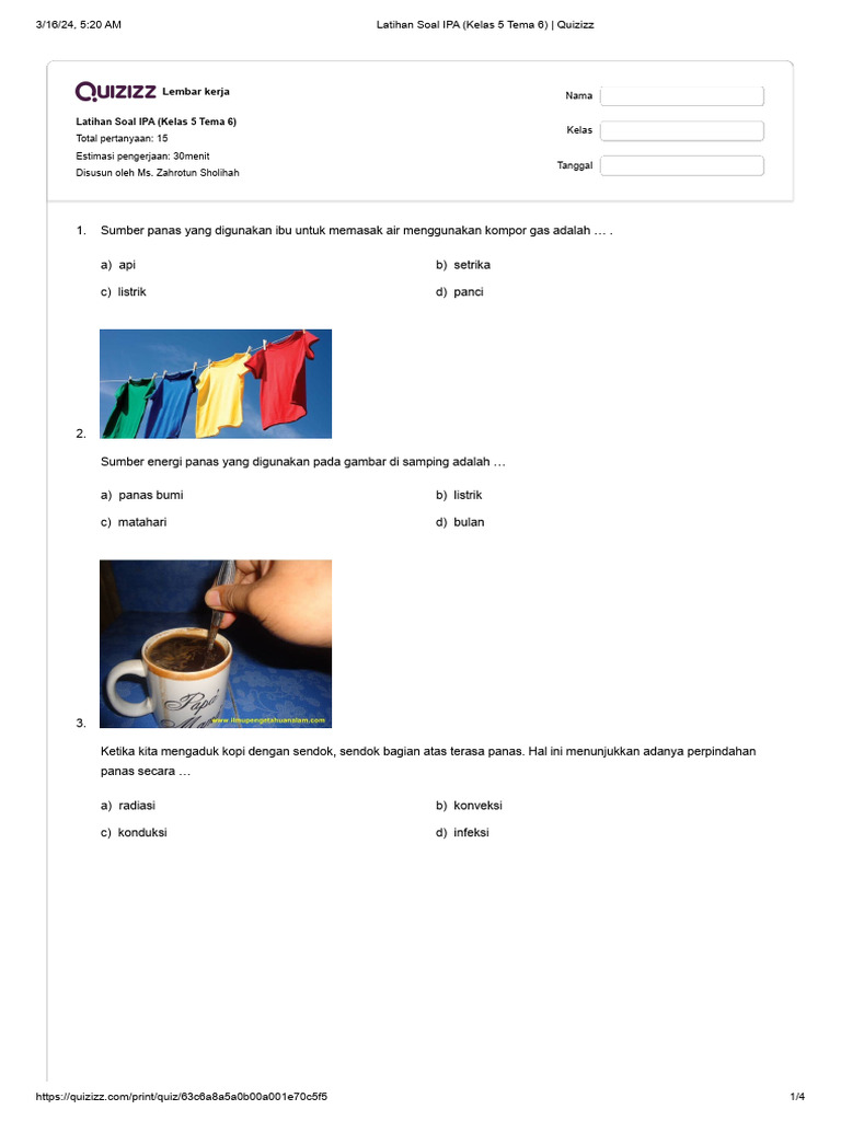 Latihan Soal IPA (Kelas 5 Tema 6) Dengan Kunci | PDF