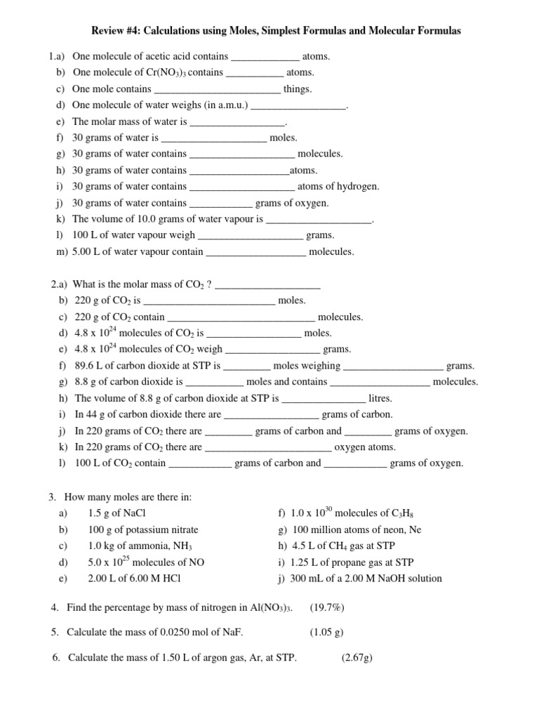 Review #4 Calculations Using Moles, Simplest Formulas and Molecular ...