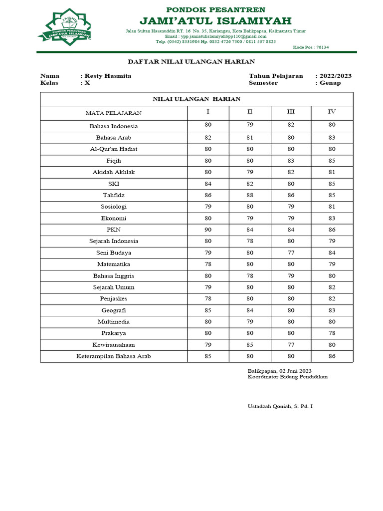 Daftar Nilai Ulangan Harian - Contoh | PDF