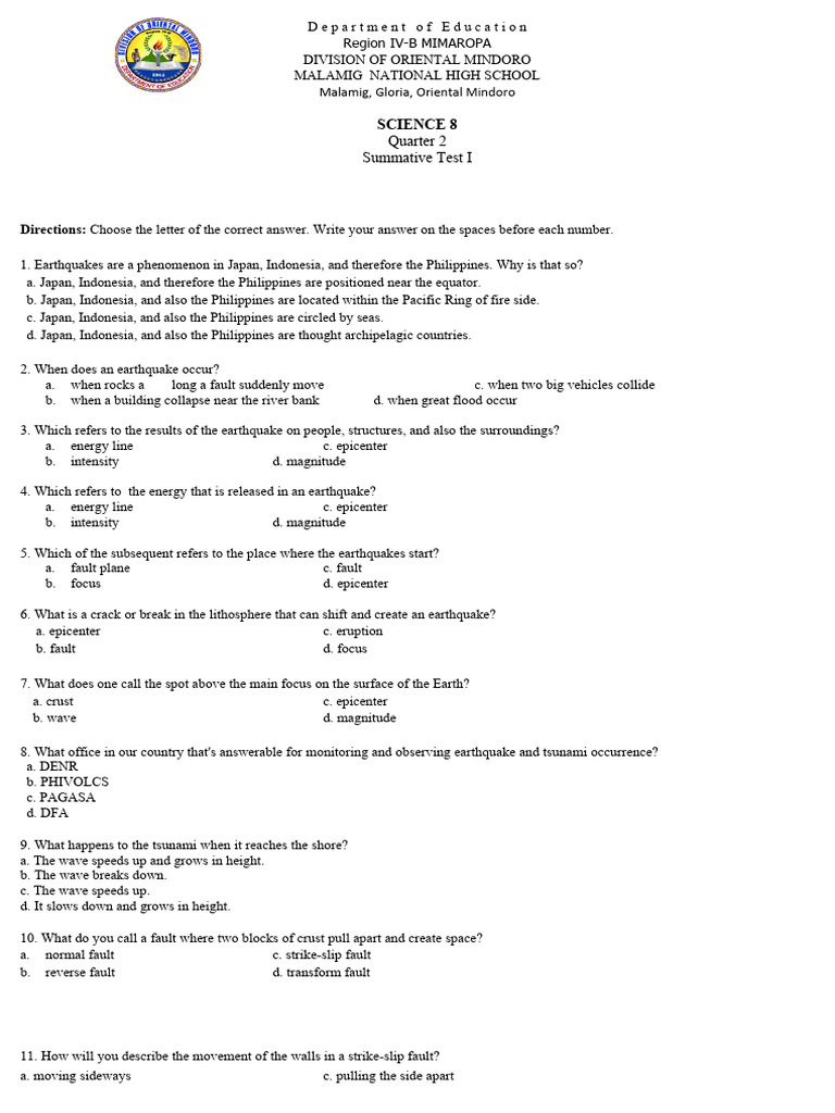 Q2 G8 Summative Test 1 Earthquake M1 and M2 | Download Free PDF ...