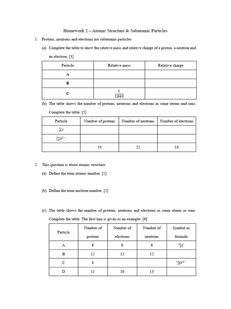 Homework 2 - Atomic Structure & Subatomic Particles - QP | PDF | Atoms ...